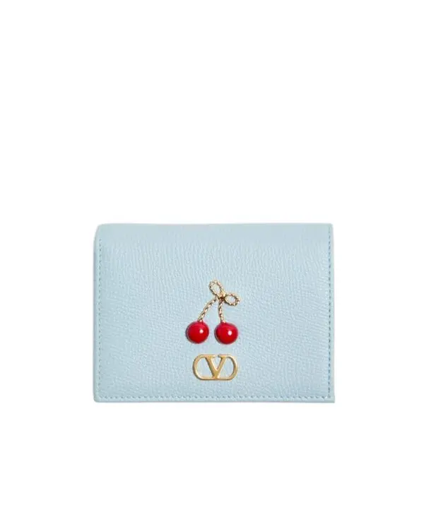 Valentino Garavani Cherryfic Wallet In Grainy Calfskin - Blue