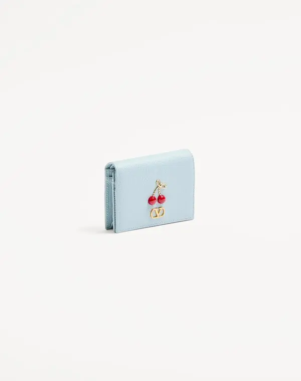 Valentino Garavani Cherryfic Wallet In Grainy Calfskin - Blue