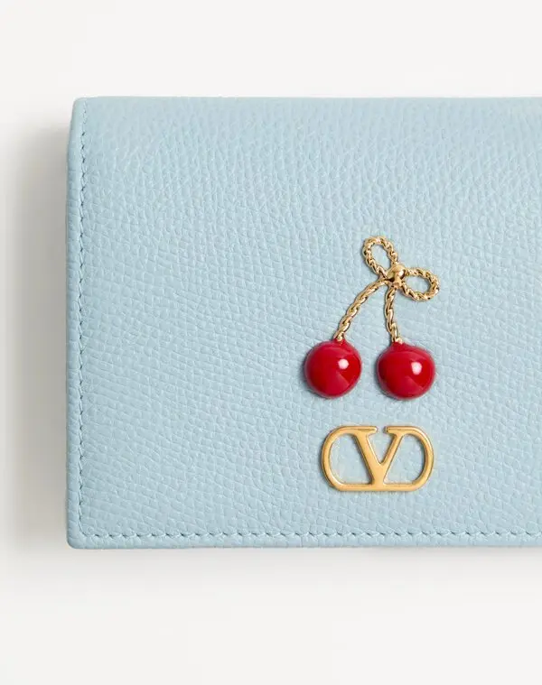 Valentino Garavani Cherryfic Wallet In Grainy Calfskin - Blue