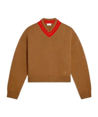 Celine Cashmere V-neck Sweater With Triumphal Embroidery And Two-tone Collar - Camel Red