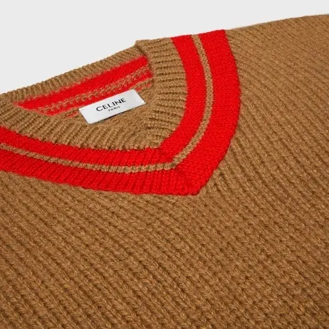 Celine Cashmere V-neck Sweater With Triumphal Embroidery And Two-tone Collar - Camel Red