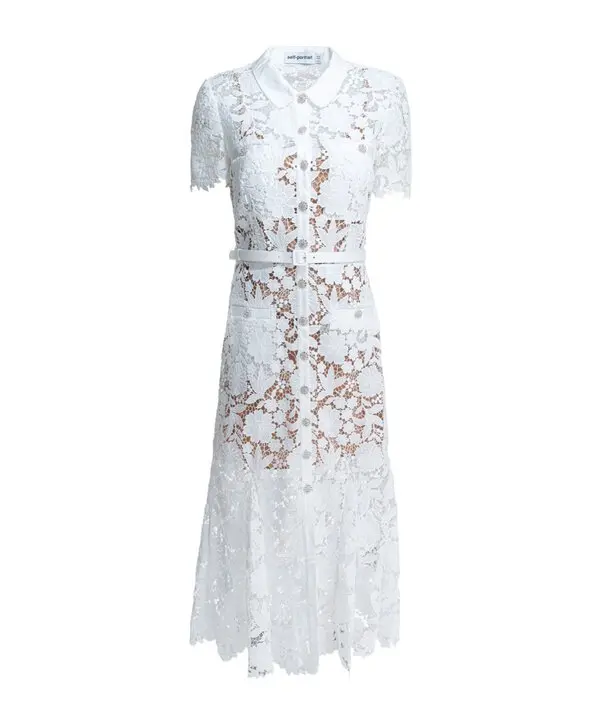 SELF-PORTRAIT Lace Collared Midi Dress With Diamanté Accents - White