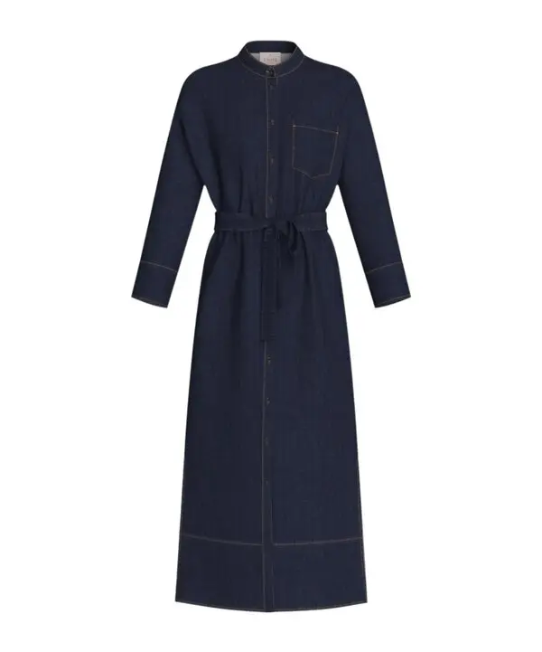 Marella Stretch Denim Belted Dress With Mandarin Collar