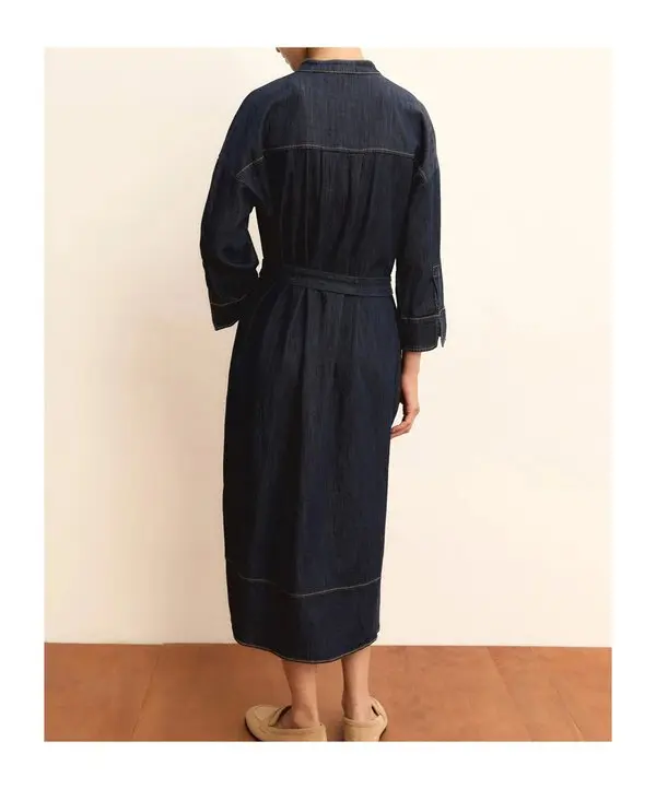 Marella Stretch Denim Belted Dress With Mandarin Collar
