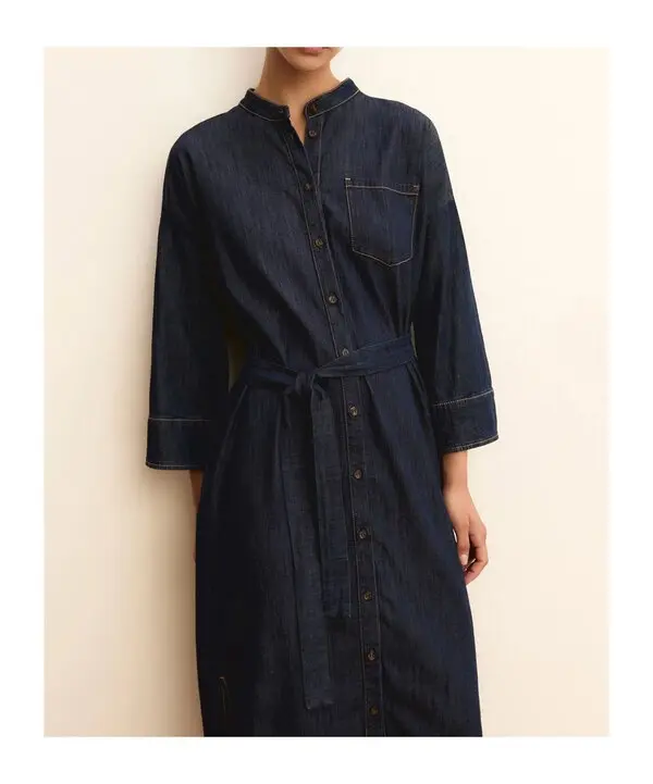 Marella Stretch Denim Belted Dress With Mandarin Collar
