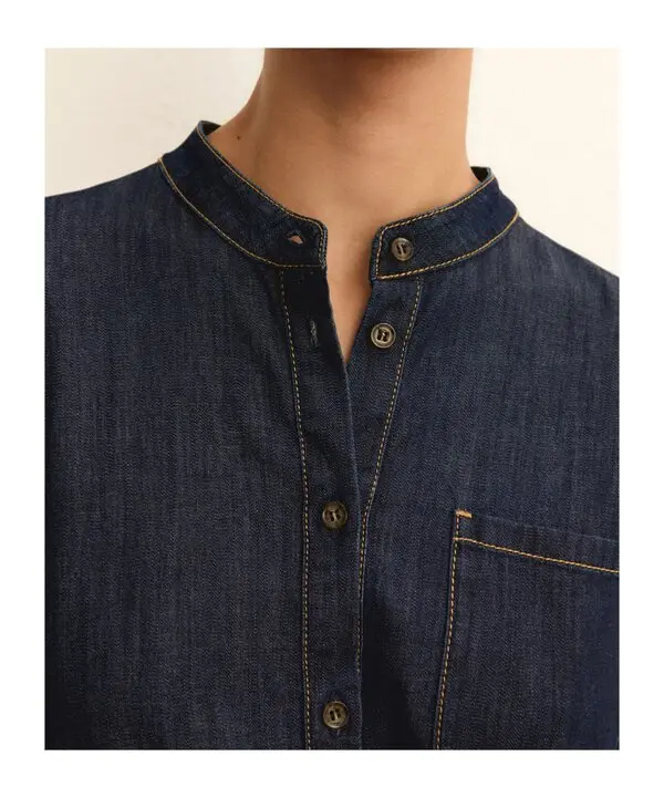 Marella Stretch Denim Belted Dress With Mandarin Collar