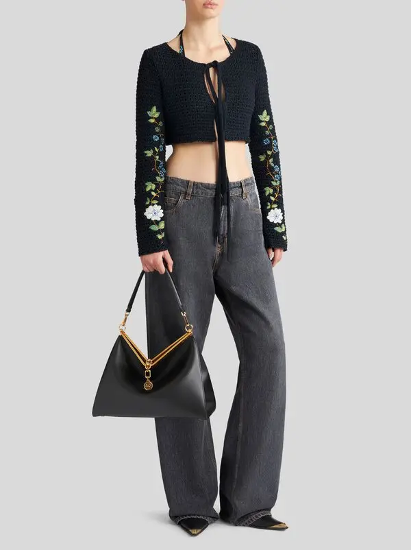 Etro Medium Vela Shoulder Bag With Logo Charm - Black