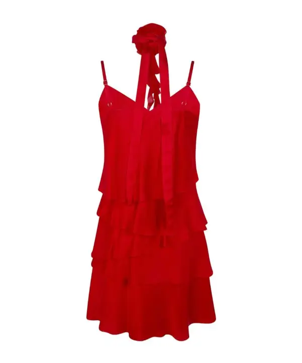 BLUGIRL Tiered Ruffled Satin Dress With Tie Neckline - Rot