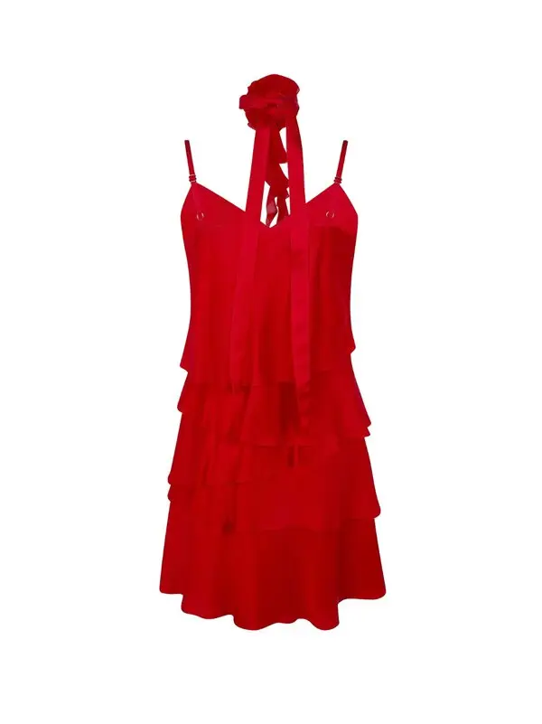BLUGIRL Tiered Ruffled Satin Dress With Tie Neckline - Rot