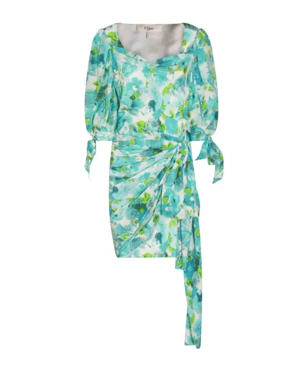 Chloé Ruched Floral Asymmetric Dress - Green