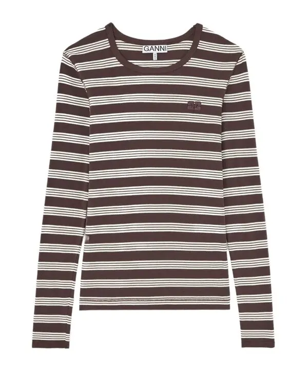 GANNI Long Sleeve Striped Crewneck Top - Mole