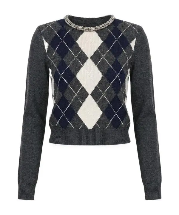 SELF-PORTRAIT Argyle Embellished Trim Cardigan