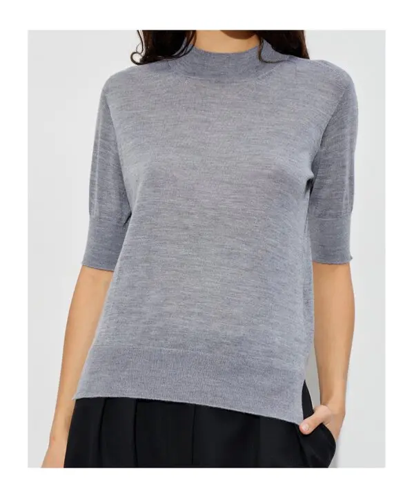 JIL SANDER Mock Neck Short Sleeve Fine Knit Top - Grey
