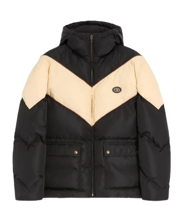 Valentino Garavani Chevron Zip-up Hooded Jacket With V Logo - Black