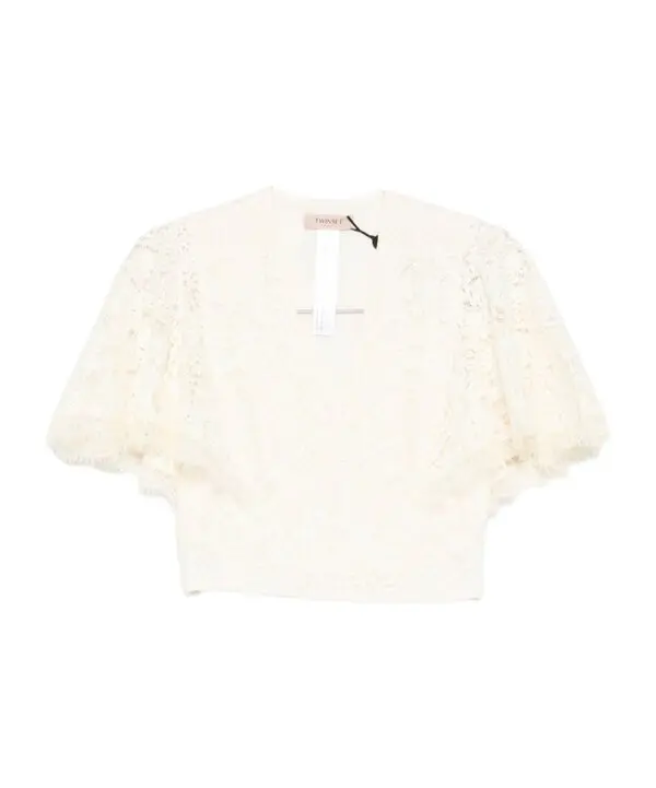 TWINSET Lace Flared-sleeve V-neck Blouse - White
