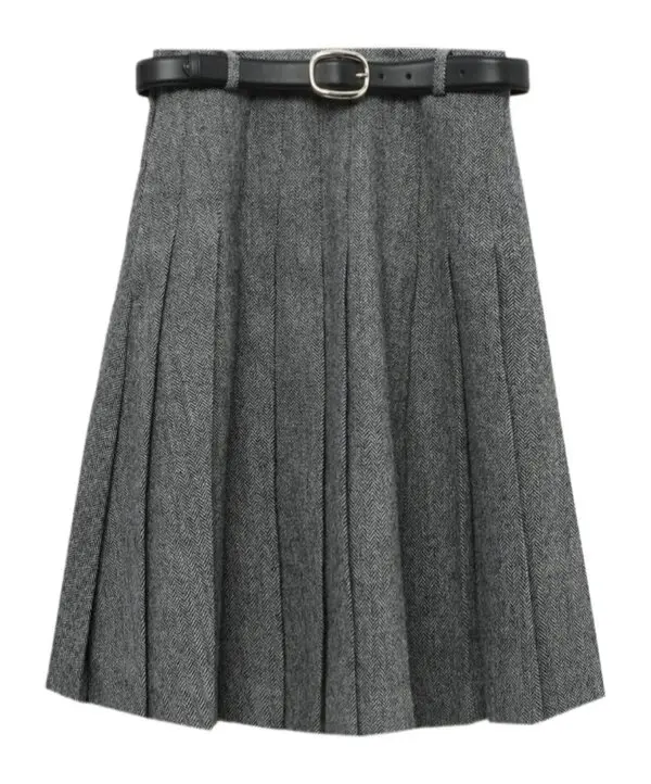 SELF-PORTRAIT Herringbone Pleated Midi Skirt With Belt