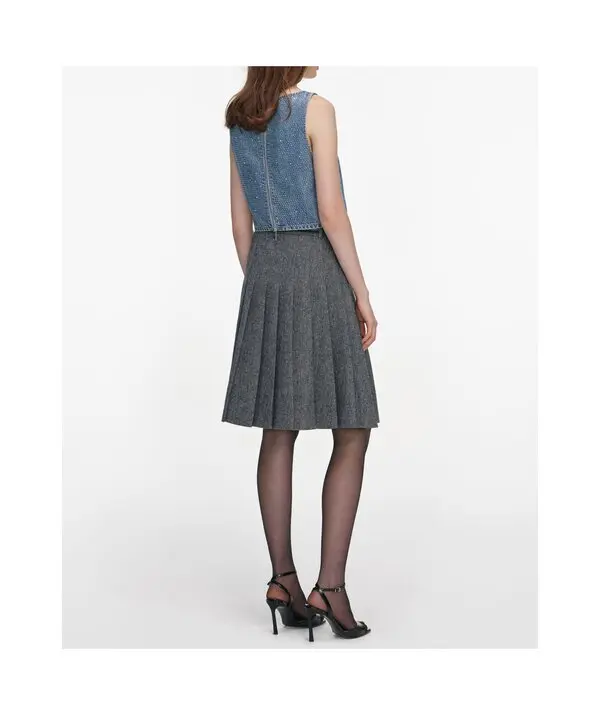 SELF-PORTRAIT Herringbone Pleated Midi Skirt With Belt