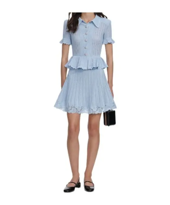 SELF-PORTRAIT Pointelle Knit Peplum Mini Dress - Blue