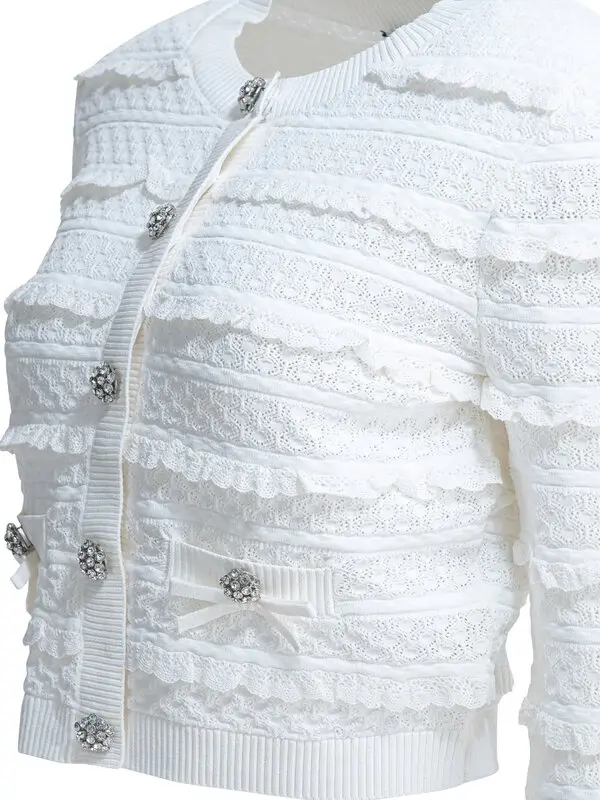 SELF-PORTRAIT Pointelle Diamante Cardigan - White