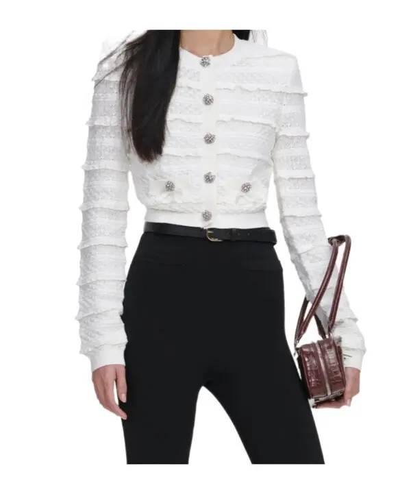 SELF-PORTRAIT Pointelle Diamante Cardigan - White