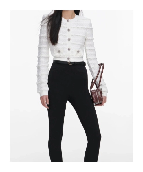 SELF-PORTRAIT Pointelle Diamante Cardigan - White