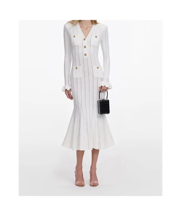 SELF-PORTRAIT V-neck Openwork Midi Dress - White