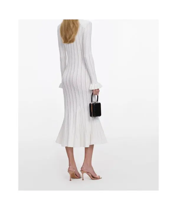 SELF-PORTRAIT V-neck Openwork Midi Dress - White