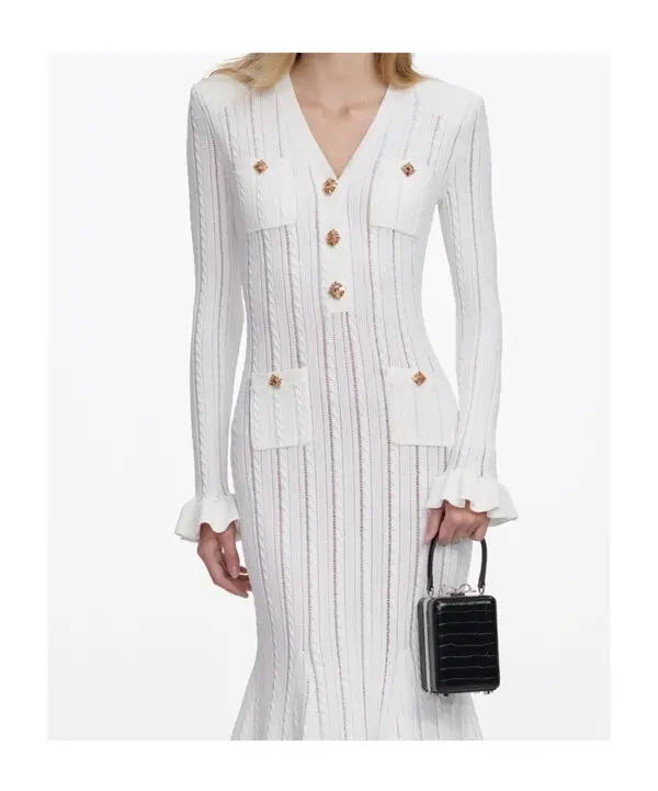 SELF-PORTRAIT V-neck Openwork Midi Dress - White