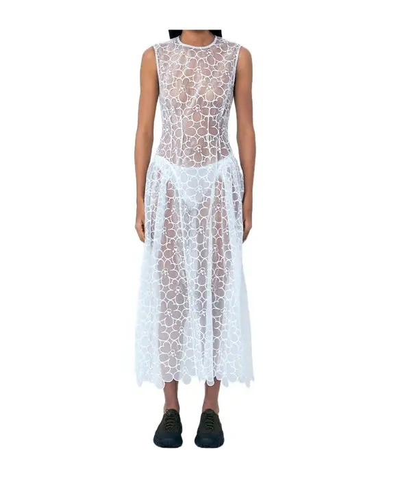 Cecilie Bahnsen Sleeveless Floral Embroidered Lace Midi Dress - White