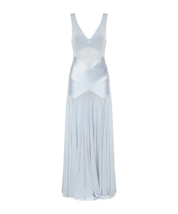 SELF-PORTRAIT V-neck Maxi Dress With Satin Jersey And Draped Skirt - Blue