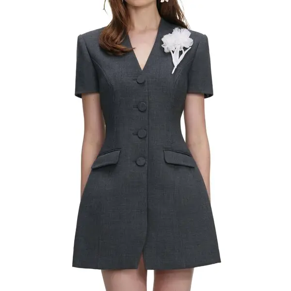 SELF-PORTRAIT Wool Button-up Mini Dress With Brooch Accent