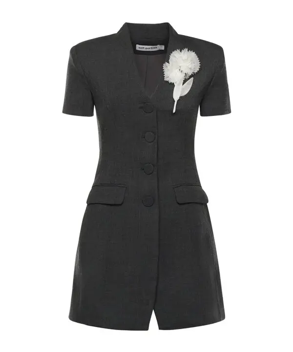 SELF-PORTRAIT Wool Button-up Mini Dress With Brooch Accent - Grey