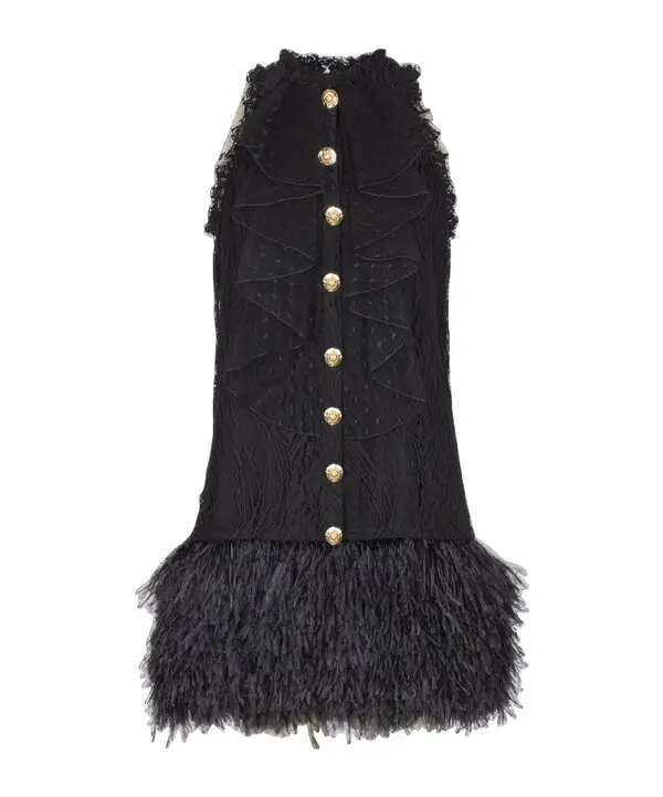 Balmain Halter Neck Lace And Feather Dress