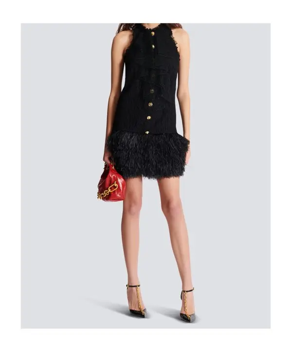 Balmain Halter Neck Lace And Feather Dress