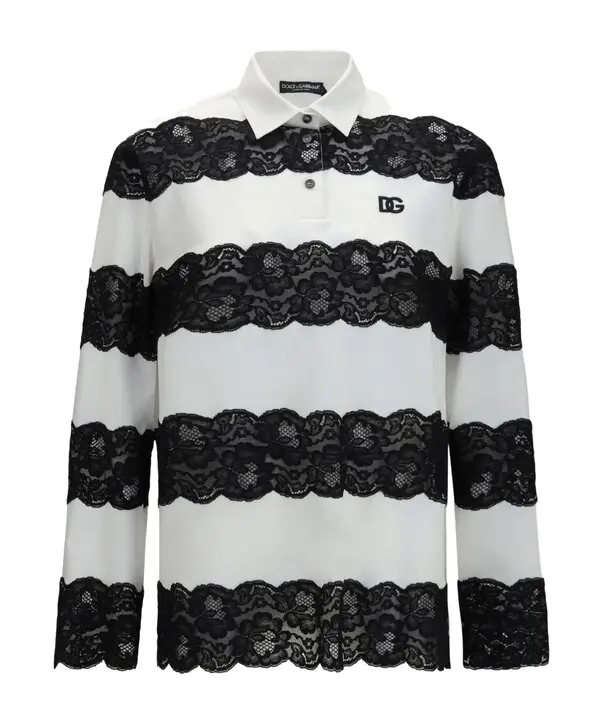 Dolce & Gabbana Long Sleeve Lace Trim Polo Top