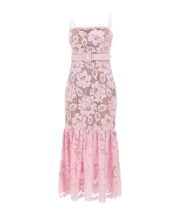 SELF-PORTRAIT Crochet Lace Belted Midi Dress - Pink