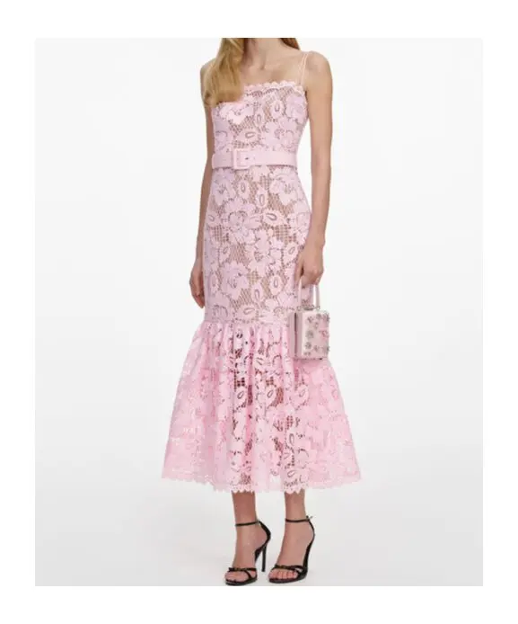 SELF-PORTRAIT Crochet Lace Belted Midi Dress