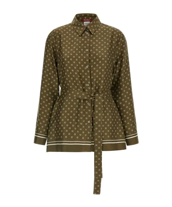 Max Mara Printed Silk Twill Shirt With Scarf Print And Belt - Green
