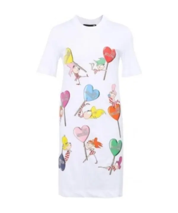 Moschino Printed Round Neck Short Sleeve Dress - White
