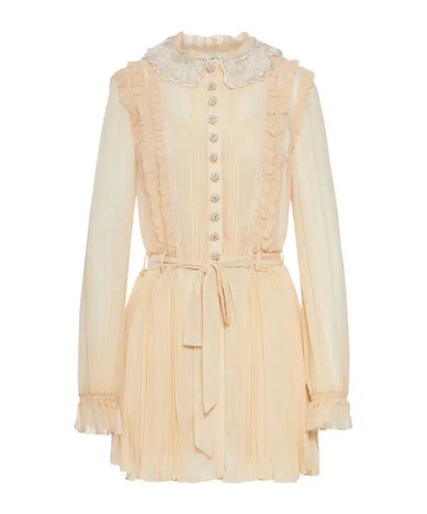 SELF-PORTRAIT Pleated Georgette Mini Dress With Jeweled Collar - Nude