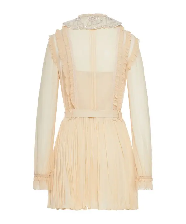SELF-PORTRAIT Pleated Georgette Mini Dress With Jeweled Collar - Nude