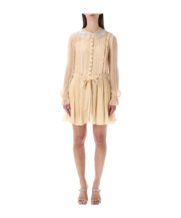 SELF-PORTRAIT Pleated Georgette Mini Dress With Jeweled Collar - Nude