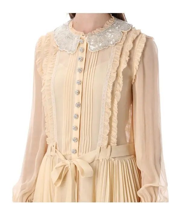 SELF-PORTRAIT Pleated Georgette Mini Dress With Jeweled Collar - Nude