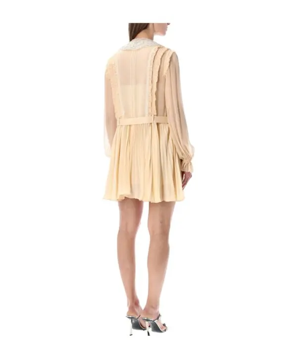 SELF-PORTRAIT Pleated Georgette Mini Dress With Jeweled Collar - Nude