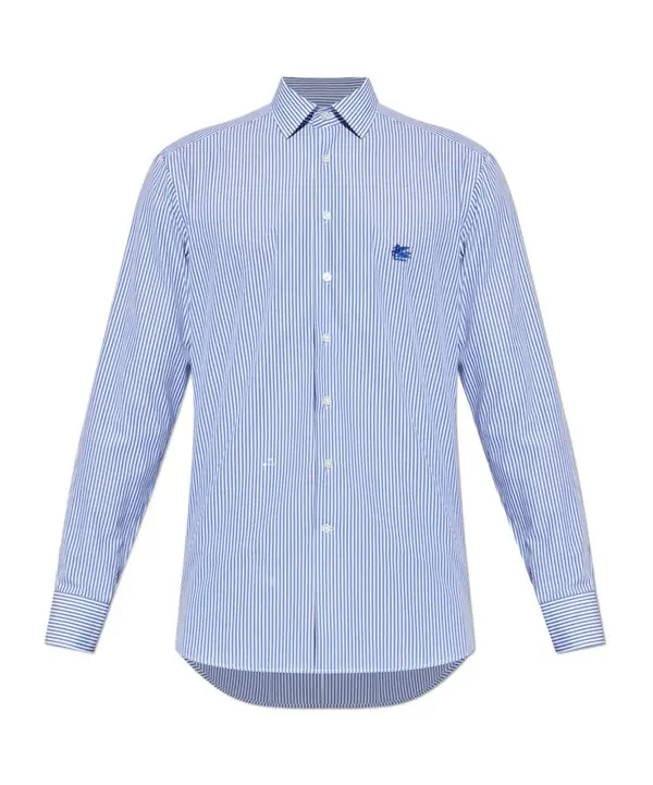 Etro Pegaso Embroidered Pinstriped Long-sleeved Shirt - Blue