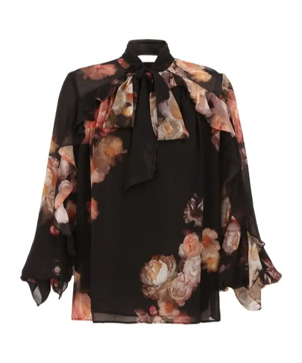 Zimmermann Floral Print Blouse With Self-covered Necktie And Frill Detailing
