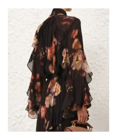 Zimmermann Floral Print Blouse With Self-covered Necktie And Frill Detailing