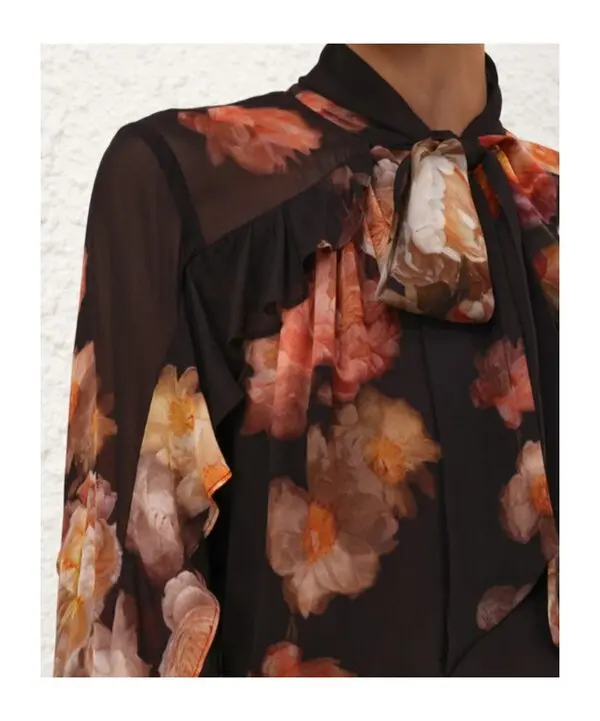 Zimmermann Floral Print Blouse With Self-covered Necktie And Frill Detailing