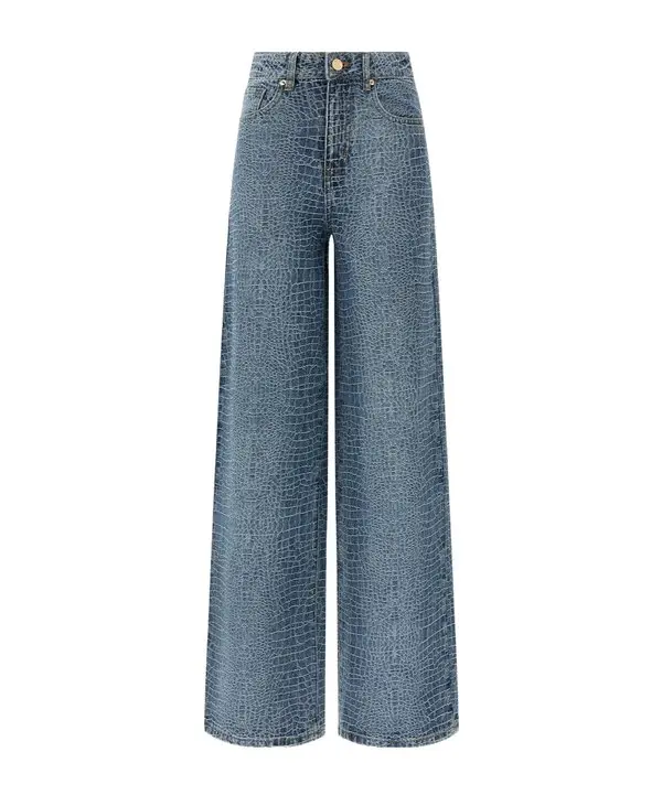 SELF-PORTRAIT Embellished Embossed Wide Leg Jeans - Blue