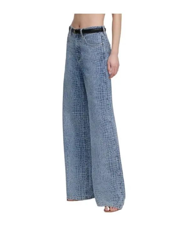 SELF-PORTRAIT Embellished Embossed Wide Leg Jeans